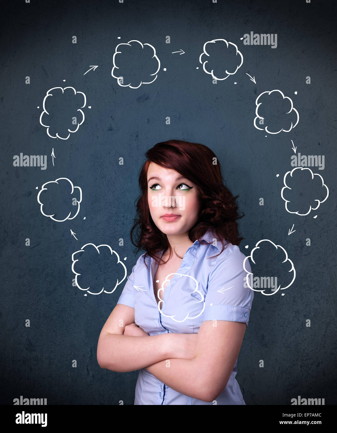 Young woman thinking with cloud circulation around her head Stock Photo ...