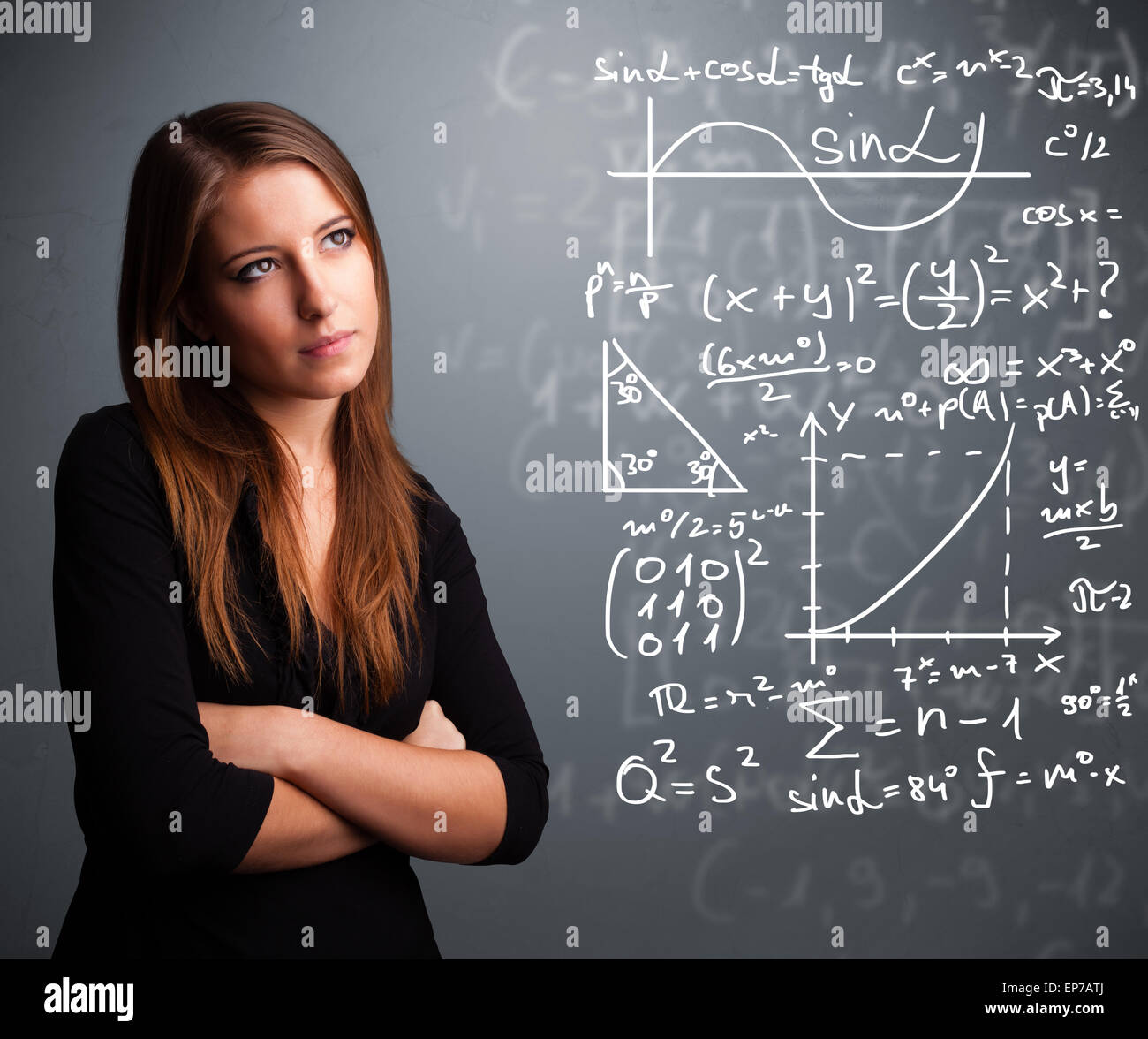 Beautiful school girl thinking about complex mathematical signs Stock ...