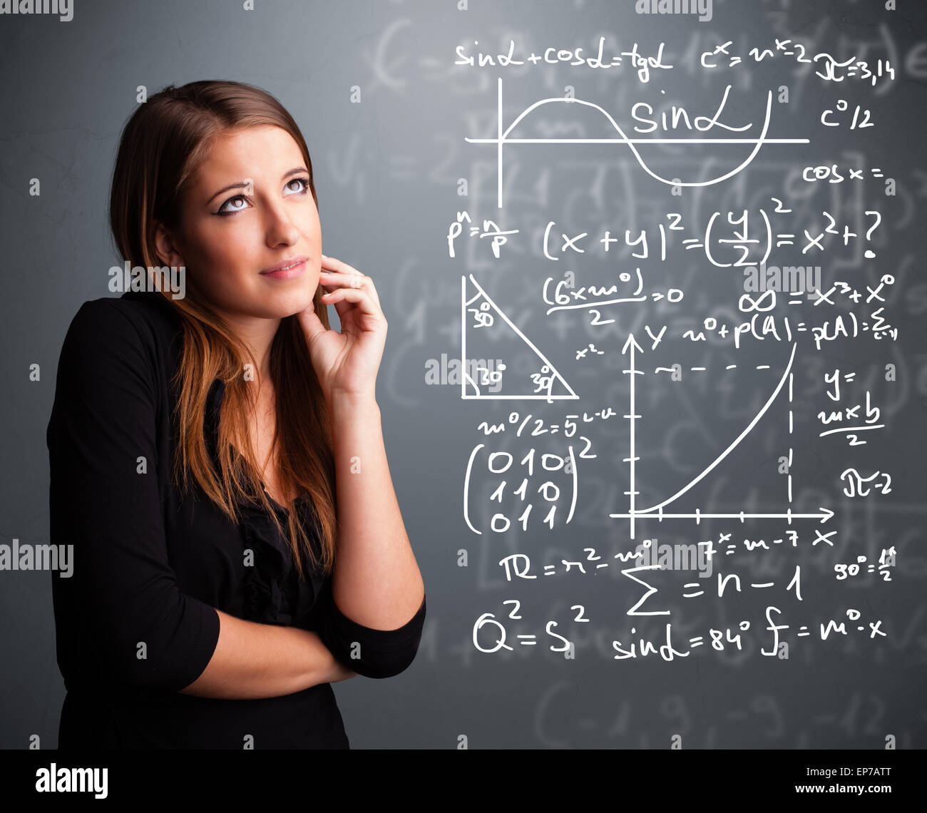 Beautiful school girl thinking about complex mathematical signs Stock ...