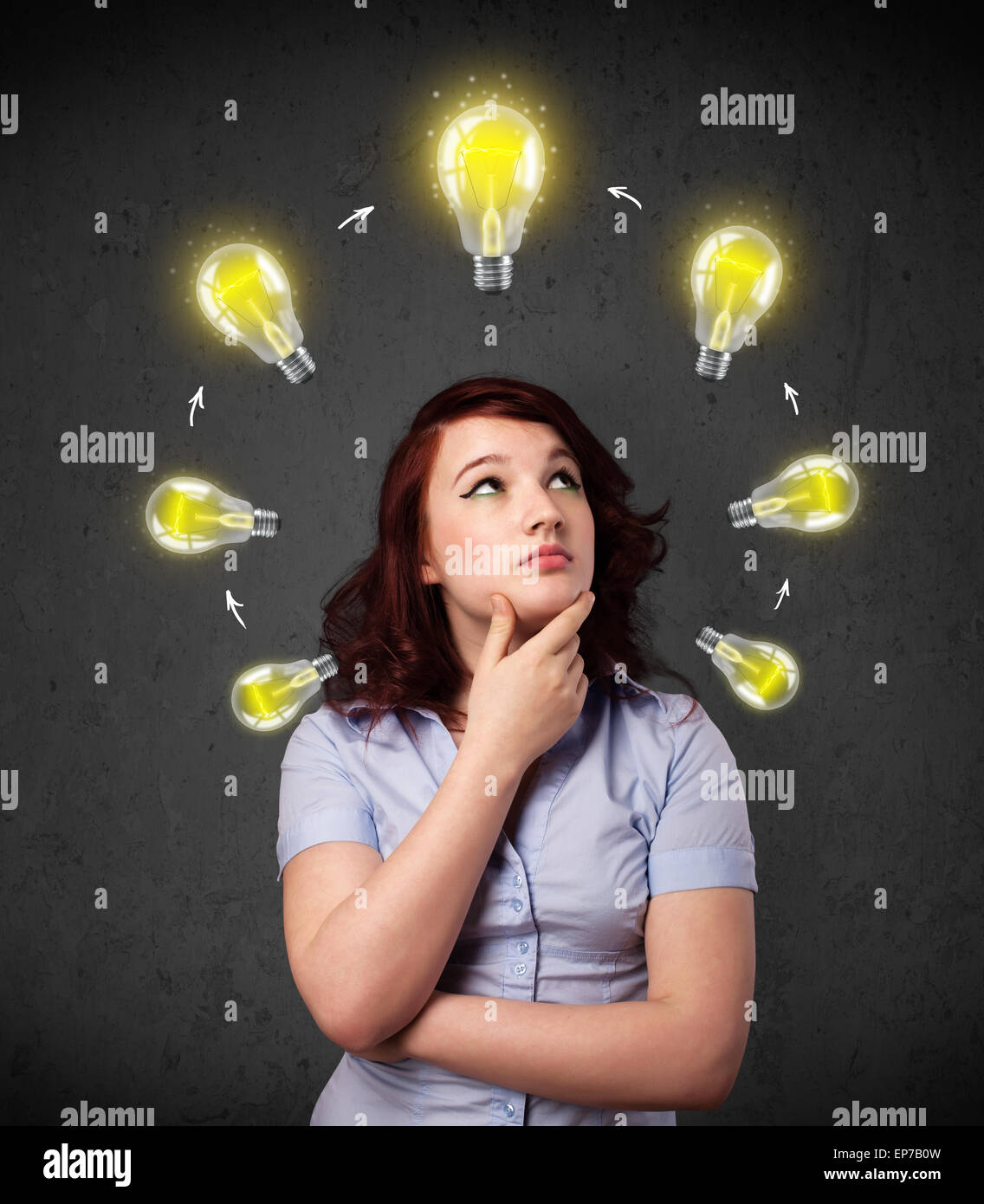 Young woman thinking with lightbulb circulation around her head Stock ...