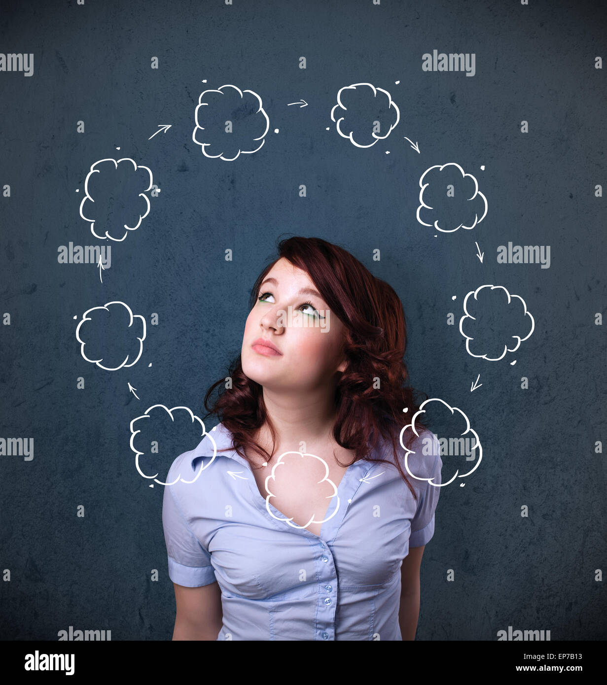 Young woman thinking with cloud circulation around her head Stock Photo ...