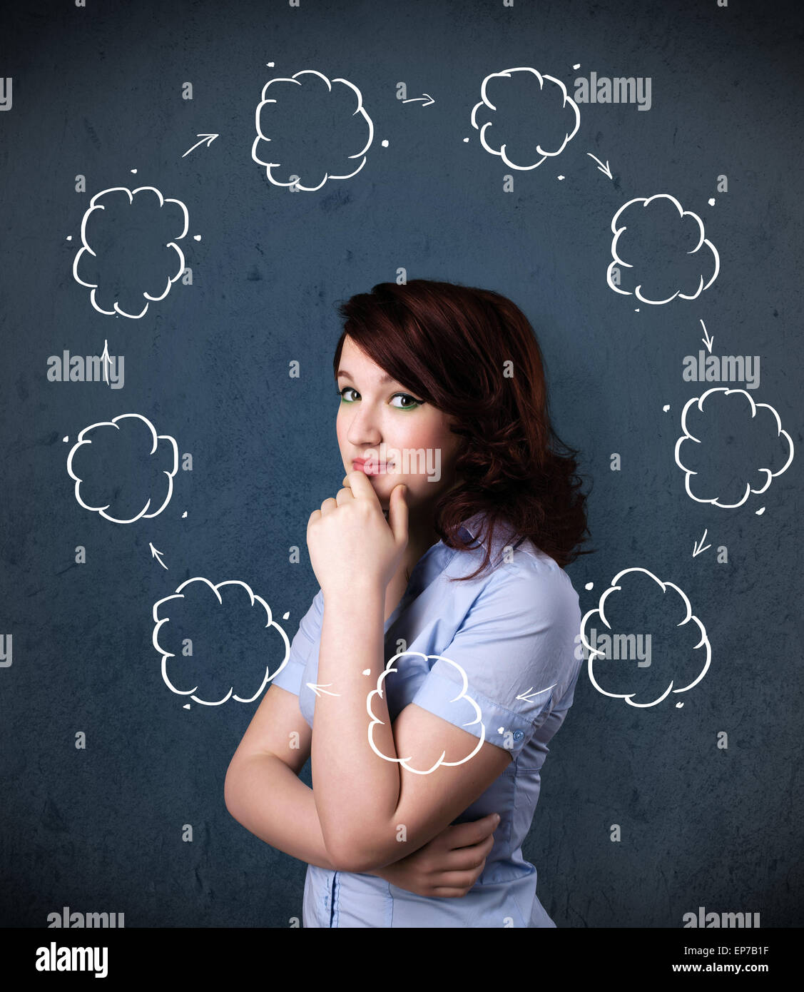 Young woman thinking with cloud circulation around her head Stock Photo ...