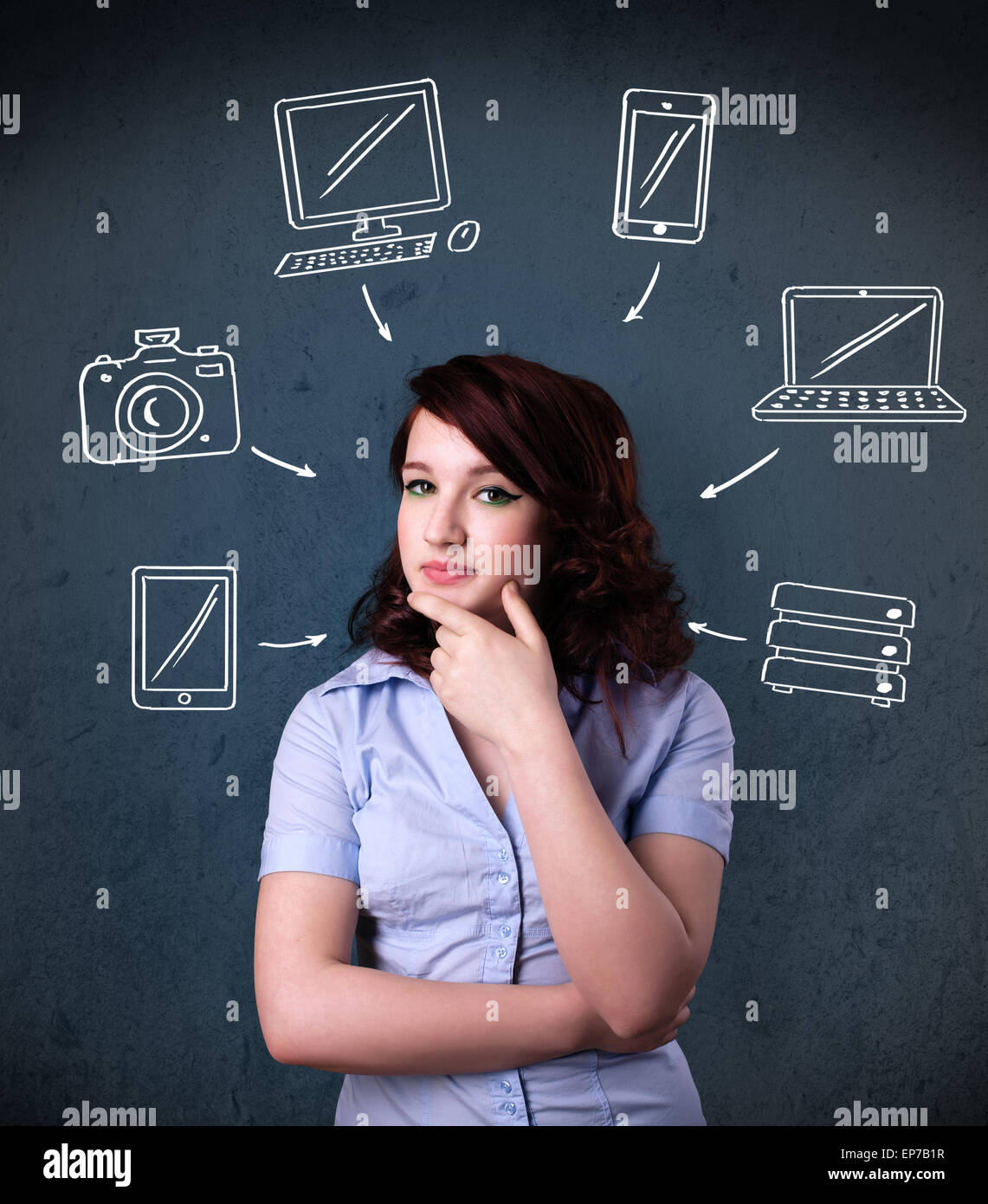 Young woman thinking with drawn gadgets around her head Stock Photo - Alamy