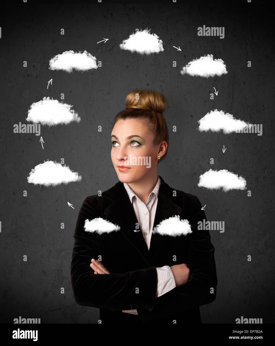 Young woman thinking with cloud circulation around her head Stock Photo ...