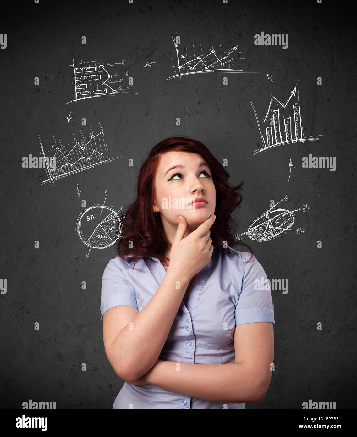 Young woman thinking with charts circulation around her head Stock ...