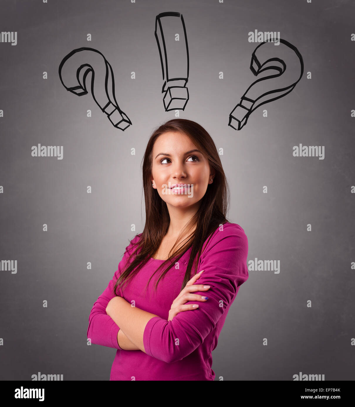 Young lady thinking with question marks overhead Stock Photo - Alamy