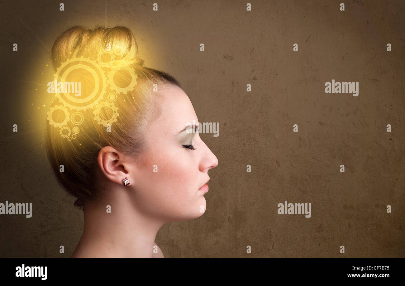 Clever girl thinking with a machine head illustration Stock Photo - Alamy