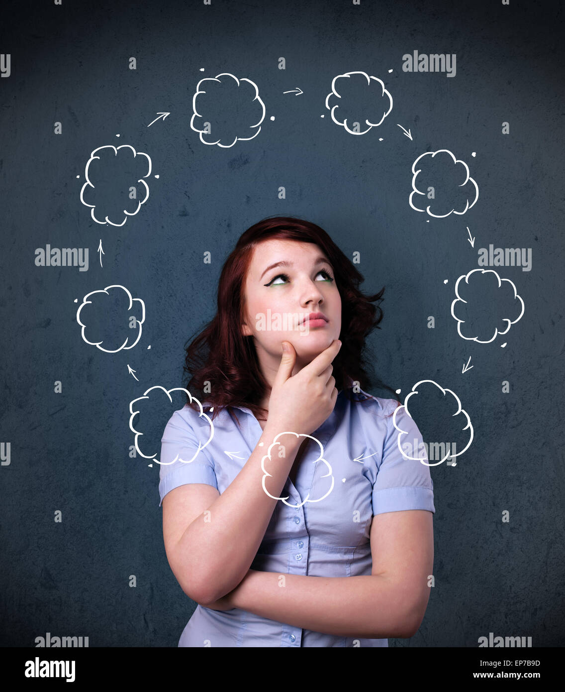 Young woman thinking with cloud circulation around her head Stock Photo ...