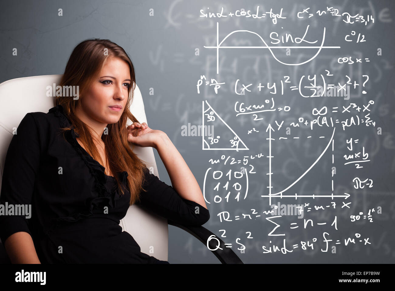 Beautiful school girl thinking about complex mathematical signs Stock ...