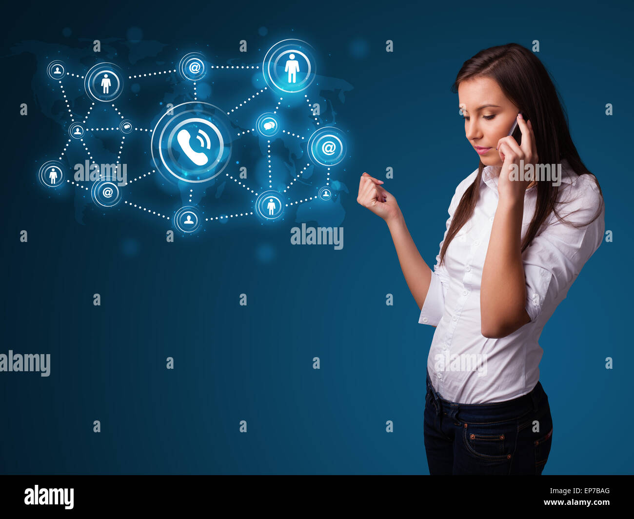 Pretty girl making phone call with social network icons Stock Photo - Alamy