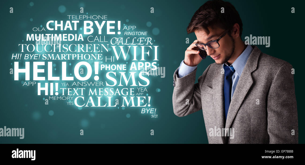 Young man making phone call with word cloud Stock Photo - Alamy