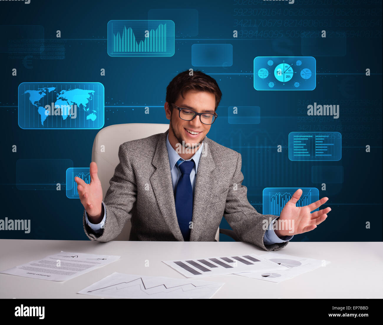 Businessman doing paperwork with digital background Stock Photo - Alamy