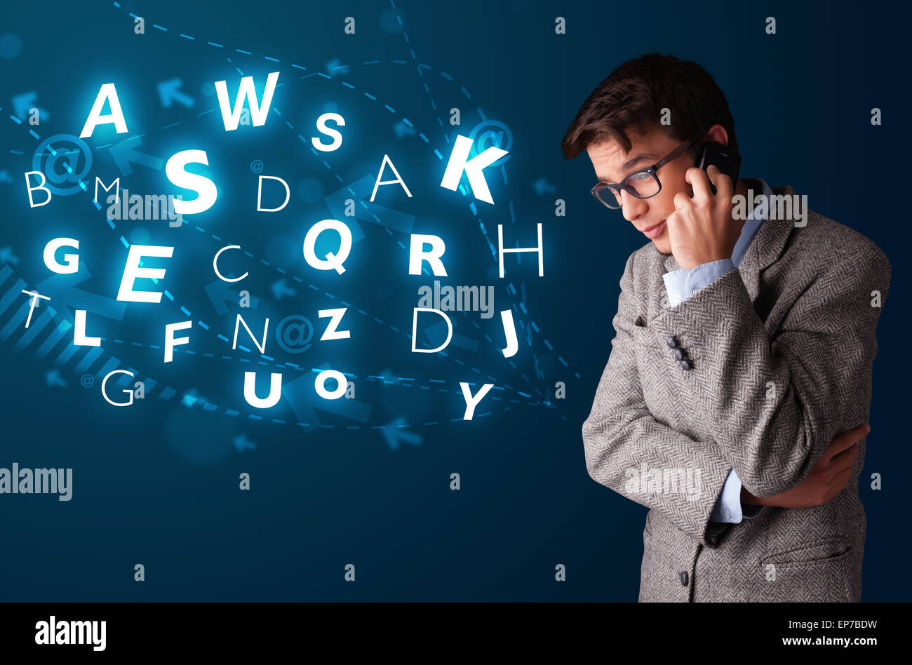 Young boy making phone call with shiny characters Stock Photo - Alamy