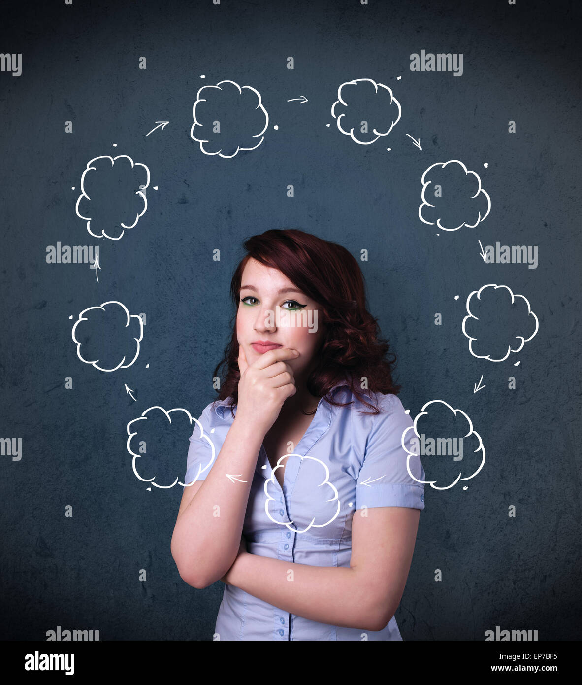 Young woman thinking with cloud circulation around her head Stock Photo ...
