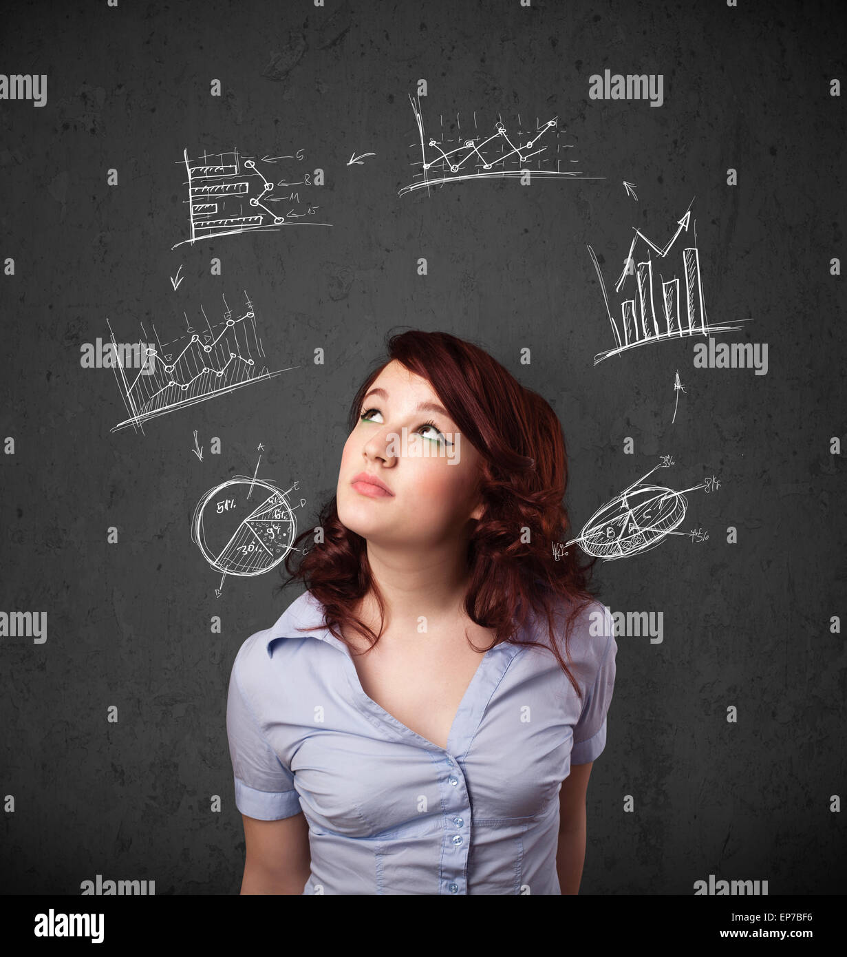 Young woman thinking with charts circulation around her head Stock ...