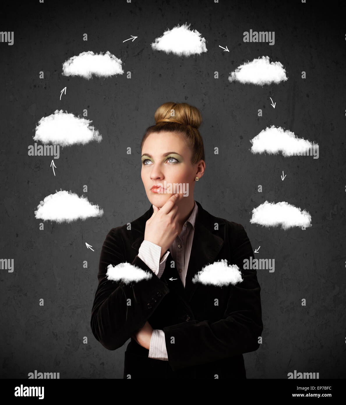 Young woman thinking with cloud circulation around her head Stock Photo ...