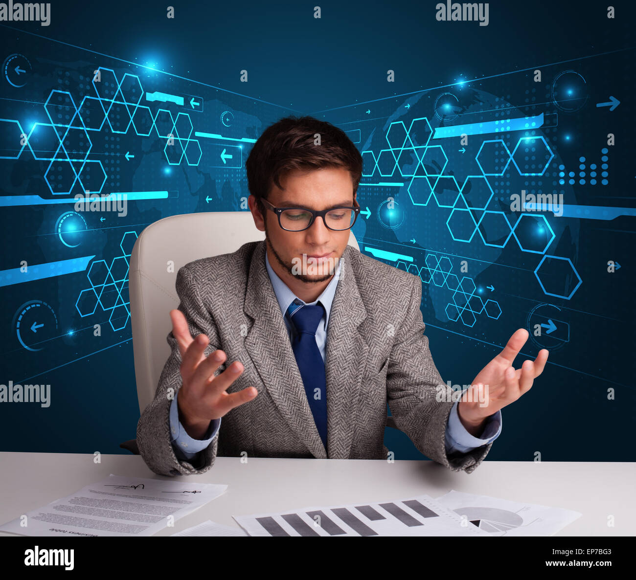 Businessman doing paperwork with futuristic backgroung Stock Photo - Alamy