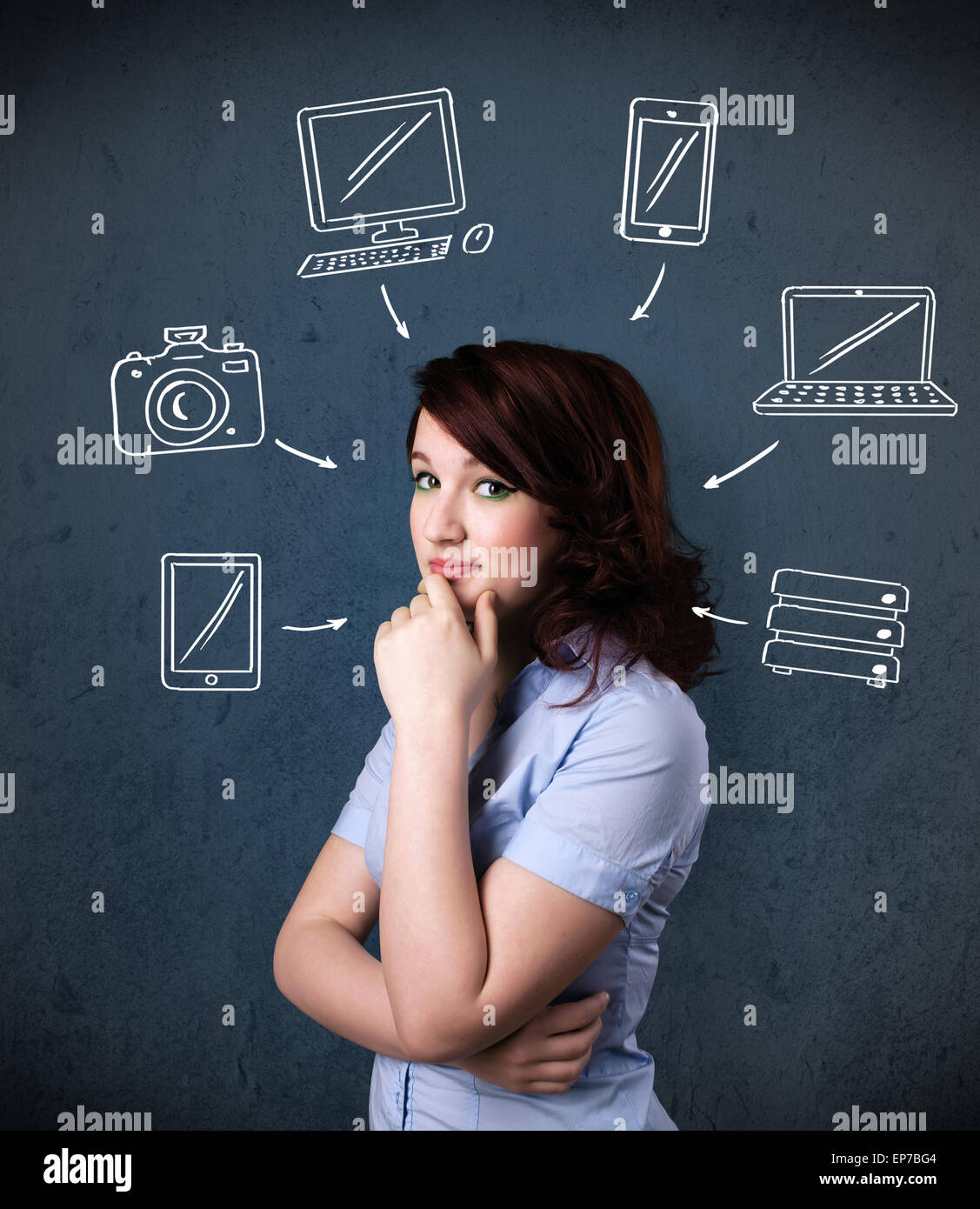 Young woman thinking with drawn gadgets around her head Stock Photo - Alamy