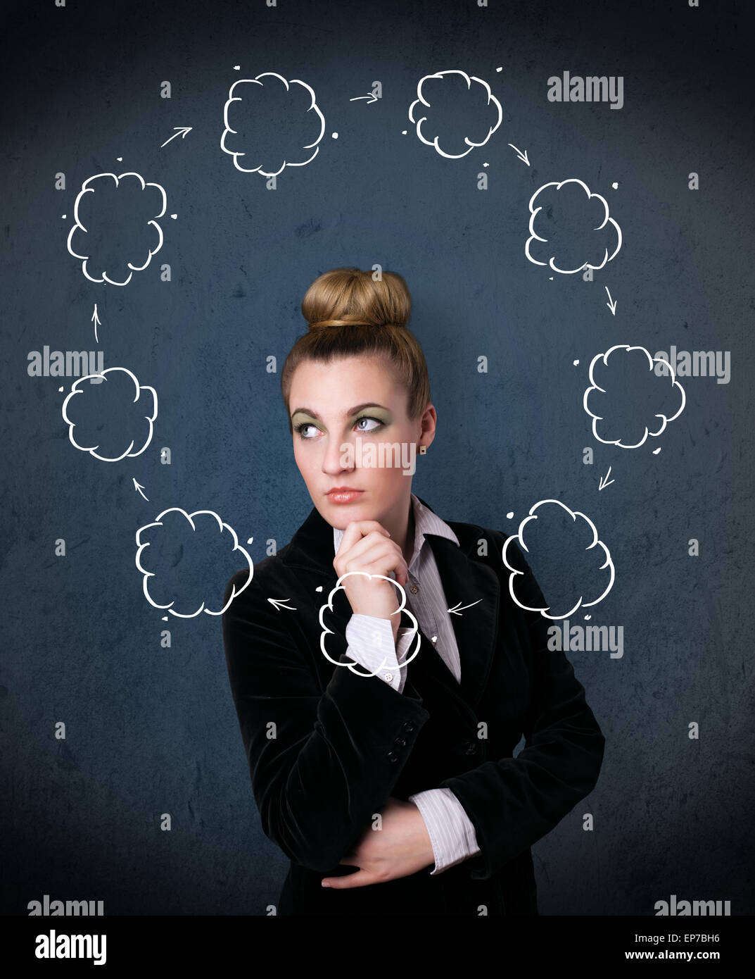 Young woman thinking with cloud circulation around her head Stock Photo ...