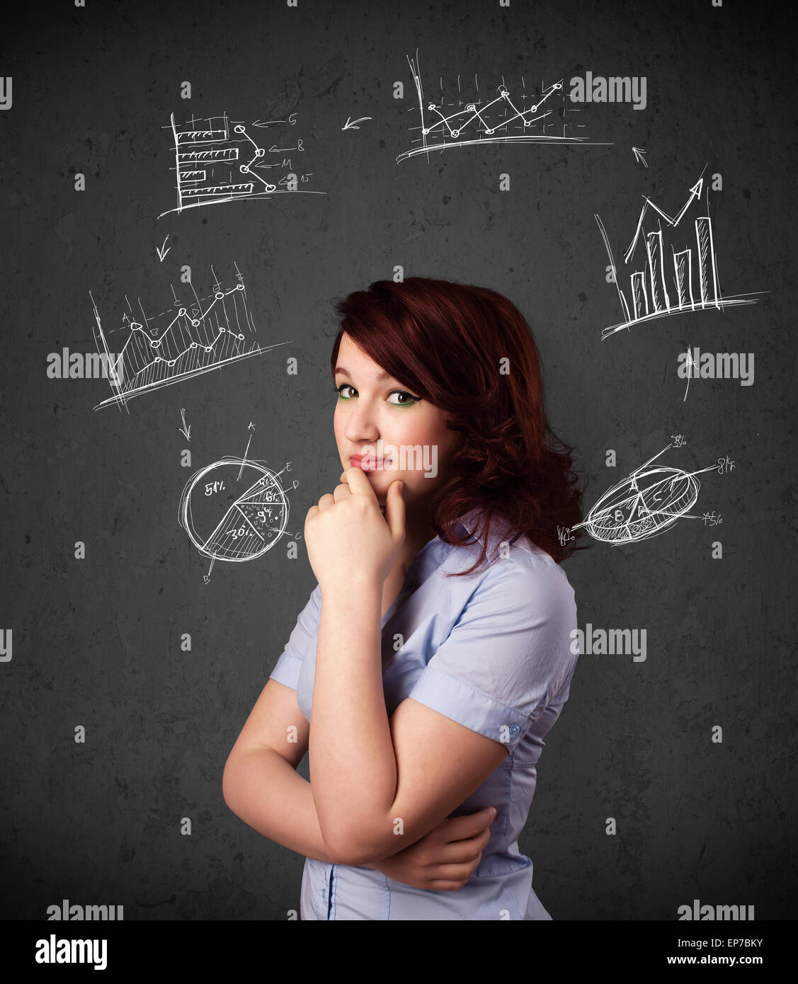 Young woman thinking with charts circulation around her head Stock ...