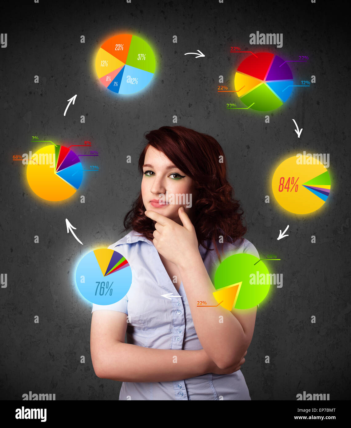 Young woman thinking with pie charts circulation around her head Stock ...