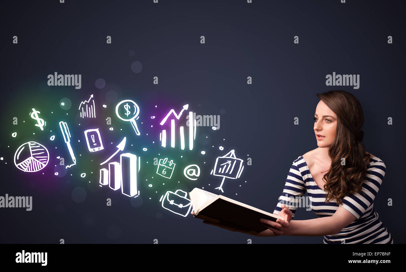 Young lady reading a book with business icons Stock Photo - Alamy
