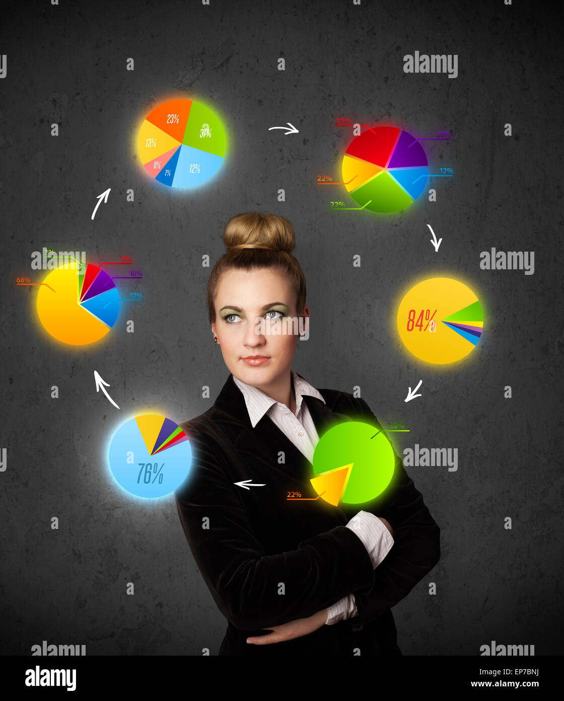 Young woman thinking with pie charts circulation around her head Stock ...