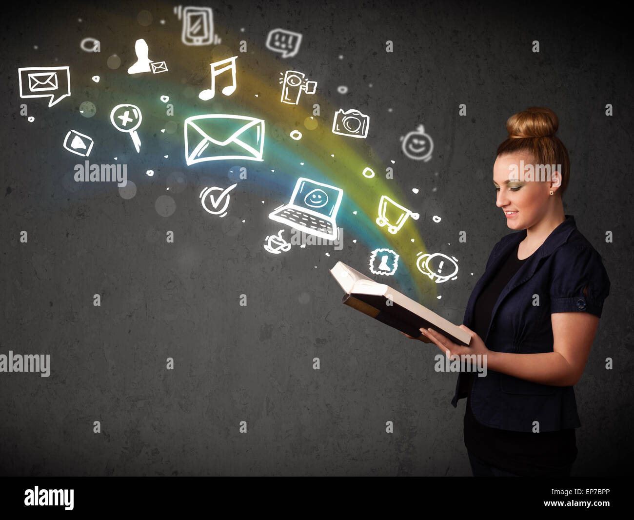 Young woman reading a book with multimedia icons coming out of the book ...