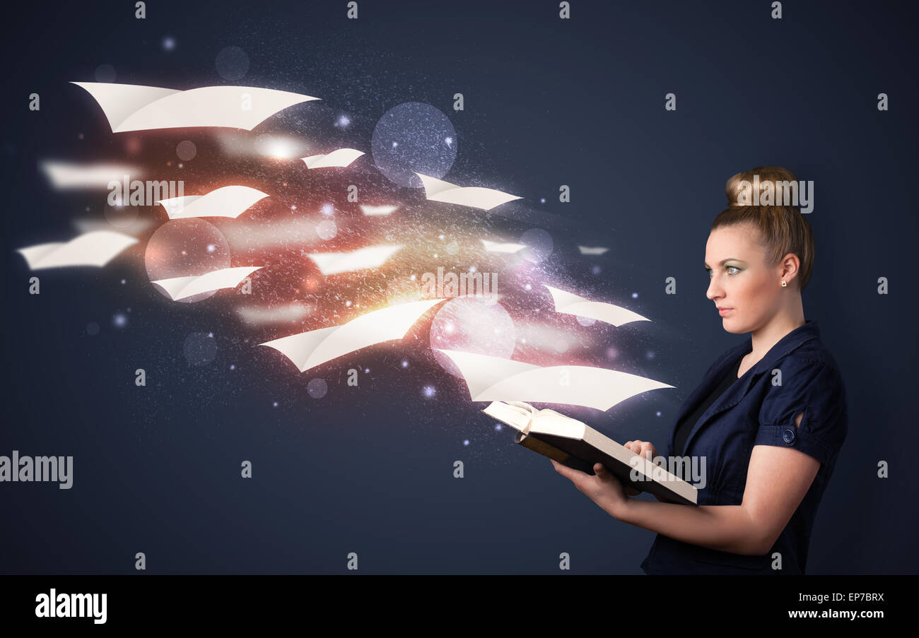 Young lady reading a book with flying sheets coming out of the book ...