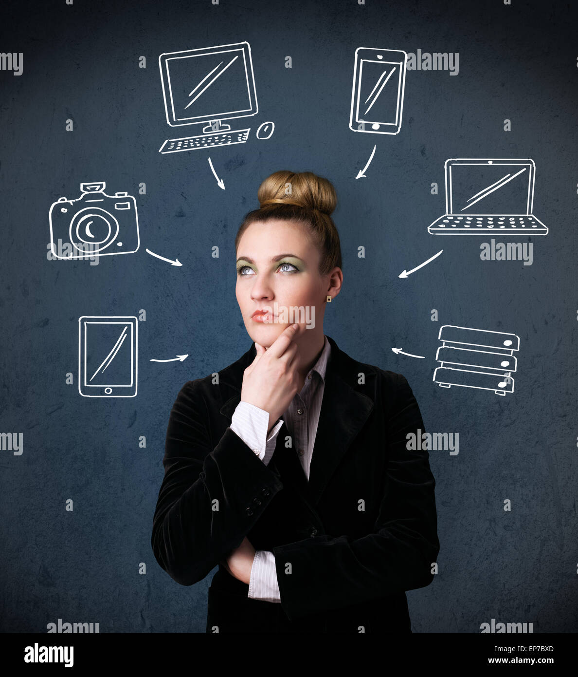 Young woman thinking with drawn gadgets around her head Stock Photo - Alamy