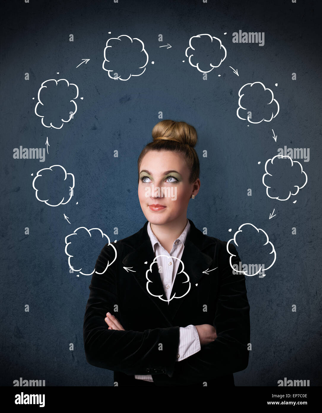 Young woman thinking with cloud circulation around her head Stock Photo ...
