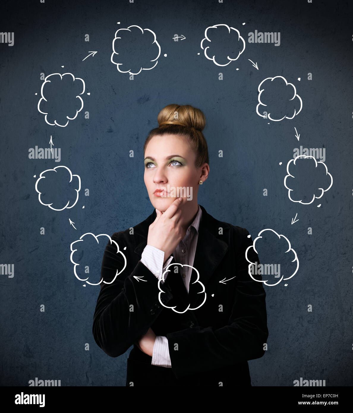 Young woman thinking with cloud circulation around her head Stock Photo ...