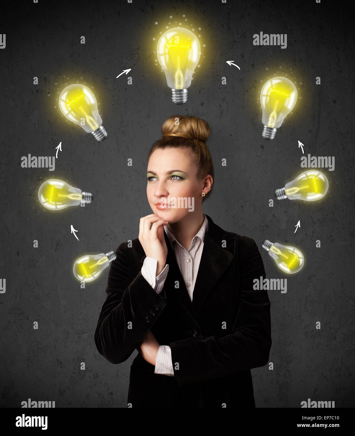 Young woman thinking with lightbulb circulation around her head Stock ...