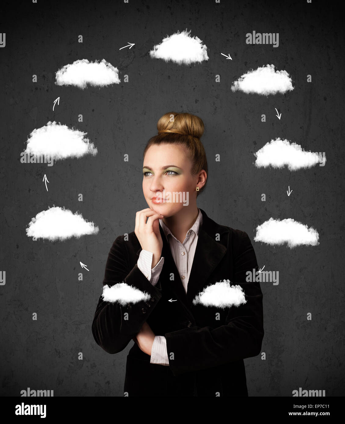 Young woman thinking with cloud circulation around her head Stock Photo ...