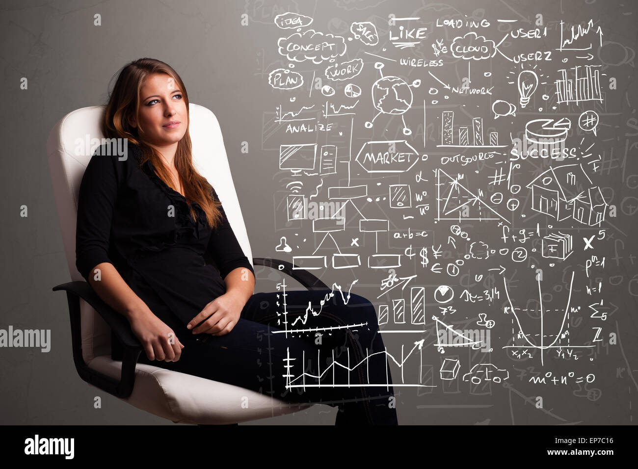 Pretty woman looking at stock market graphs and symbols Stock Photo - Alamy