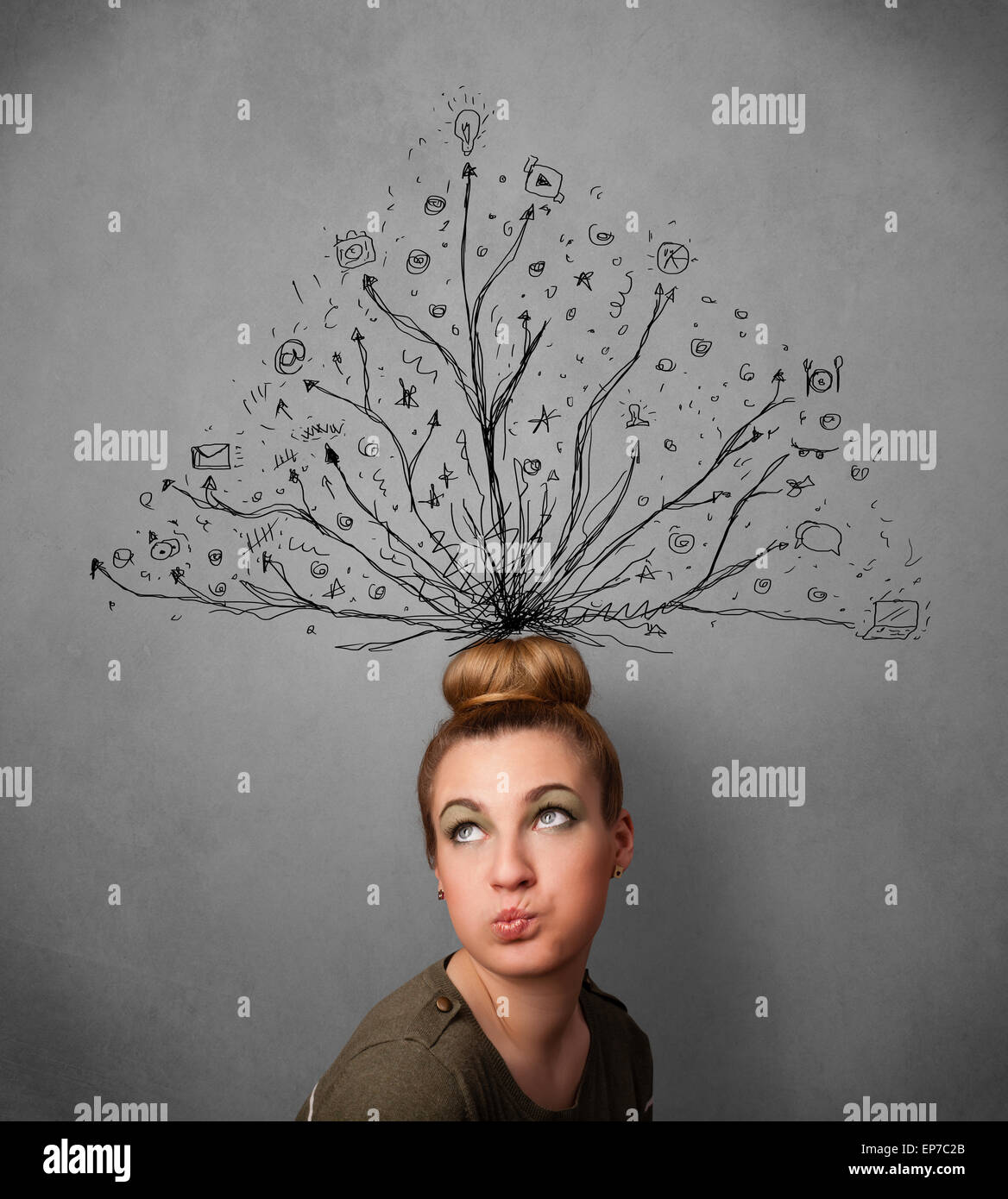 Young woman with tangled lines coming out of her head Stock Photo - Alamy