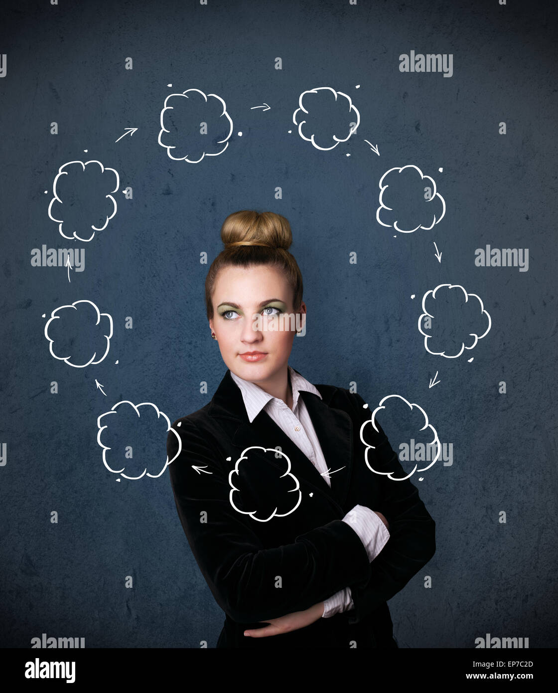 Young woman thinking with cloud circulation around her head Stock Photo ...