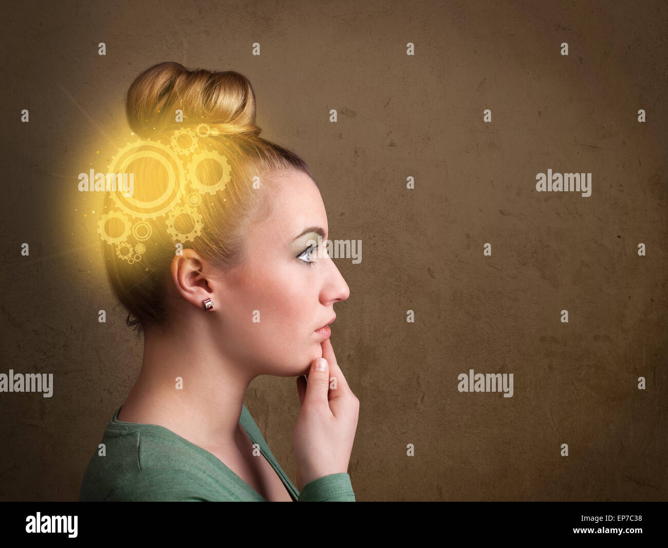Clever girl thinking with a machine head illustration Stock Photo - Alamy