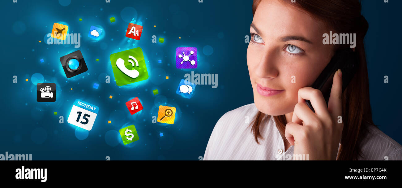 Young woman calling by phone with various icons Stock Photo - Alamy