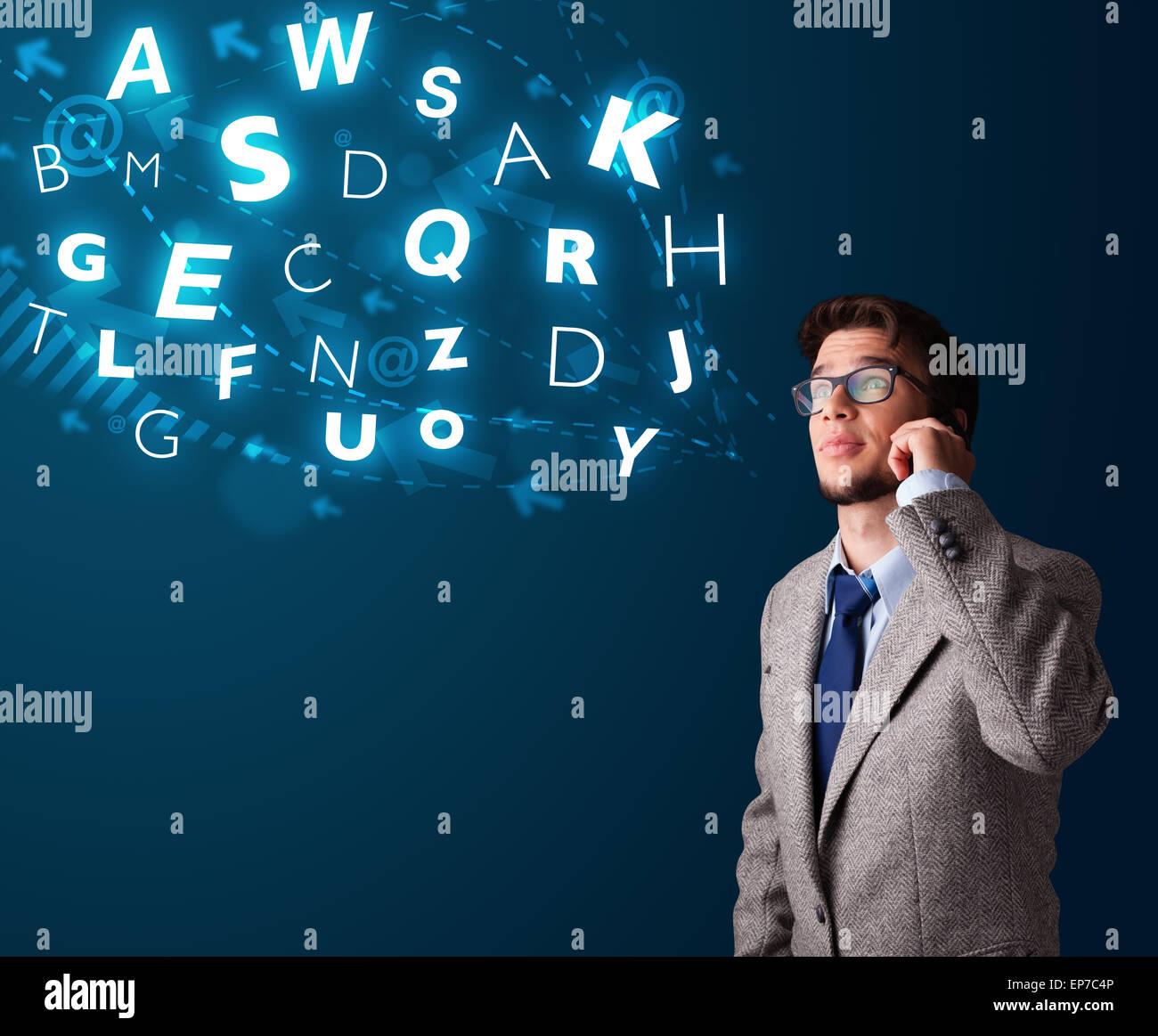 Young boy making phone call with shiny characters Stock Photo - Alamy