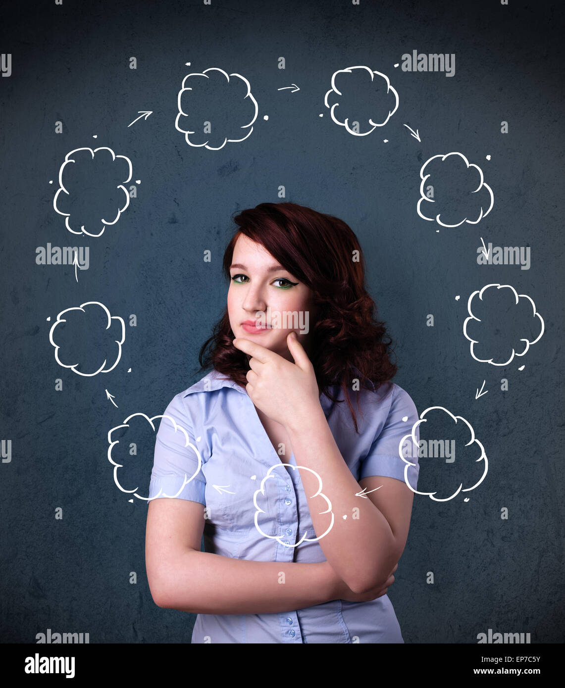 Young woman thinking with cloud circulation around her head Stock Photo ...