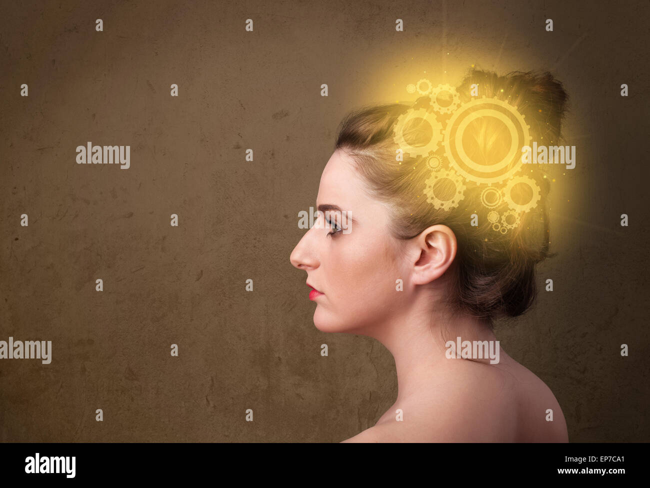 Clever girl thinking with a machine head illustration Stock Photo - Alamy
