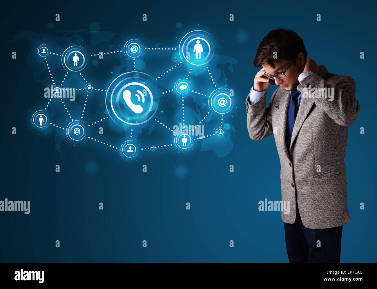 Young boy making phone call with social network icons Stock Photo - Alamy