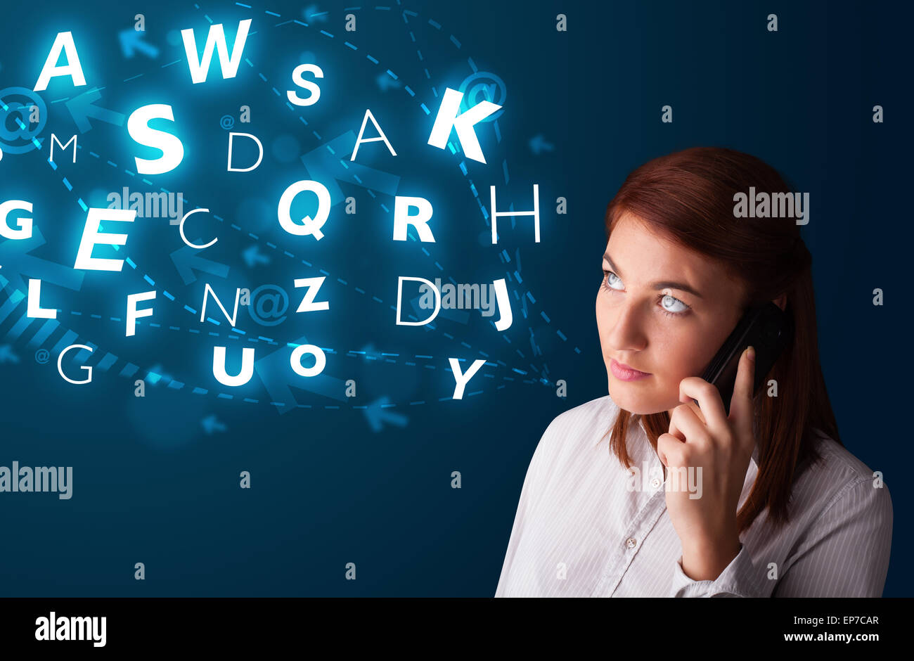 Young lady making phone call with shiny characters Stock Photo - Alamy
