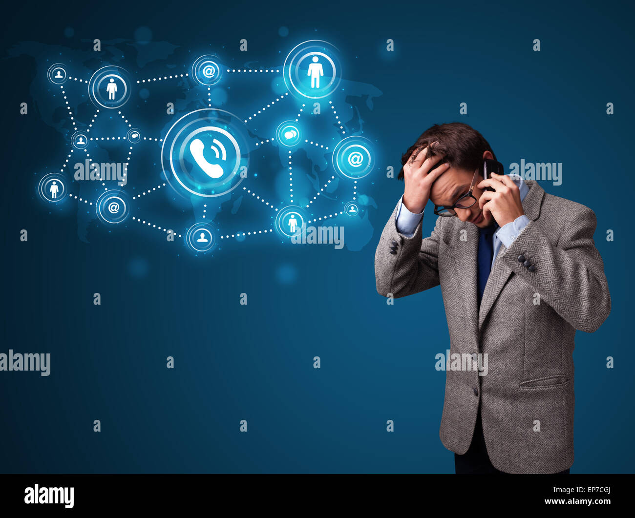 Young boy making phone call with social network icons Stock Photo - Alamy