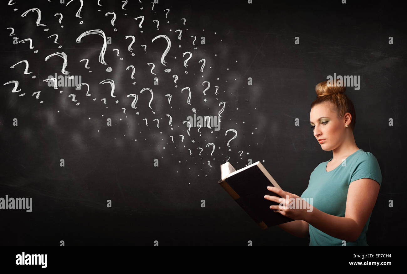 Pretty woman reading a book with question marks coming out from it ...