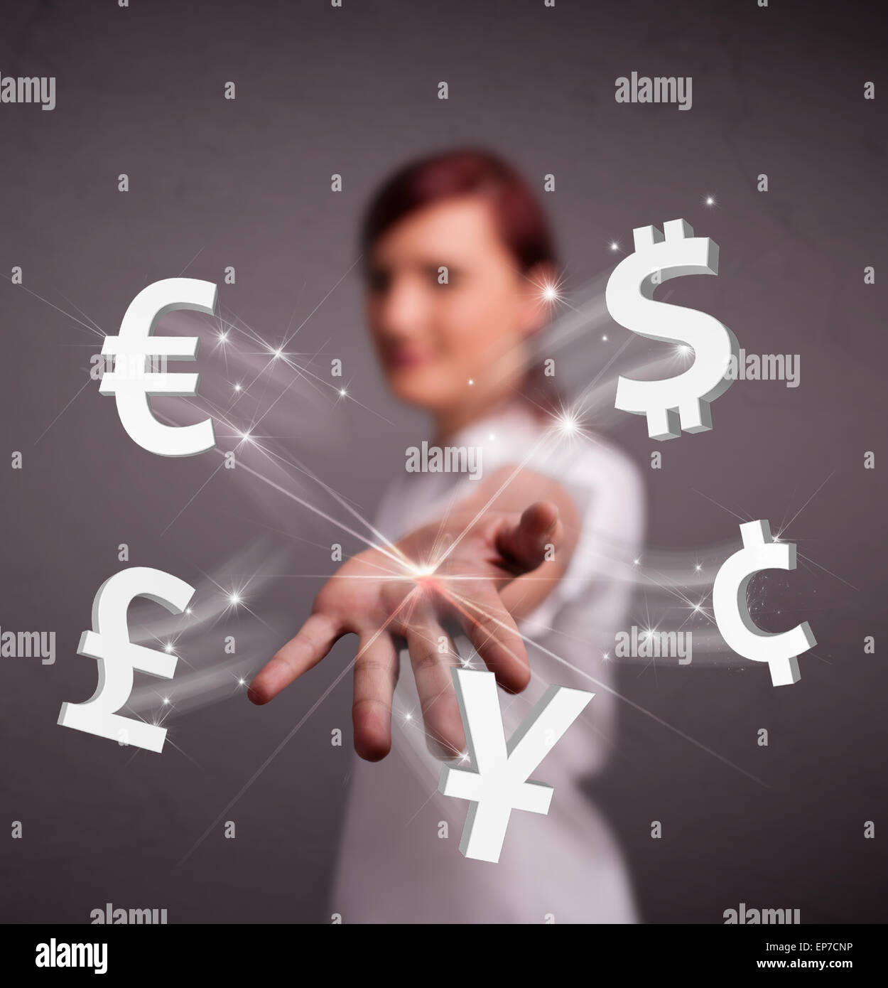 Young lady throwing currency icons Stock Photo - Alamy