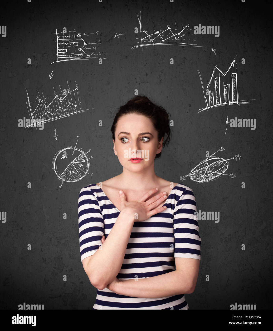 Young woman thinking with charts circulation around her head Stock ...