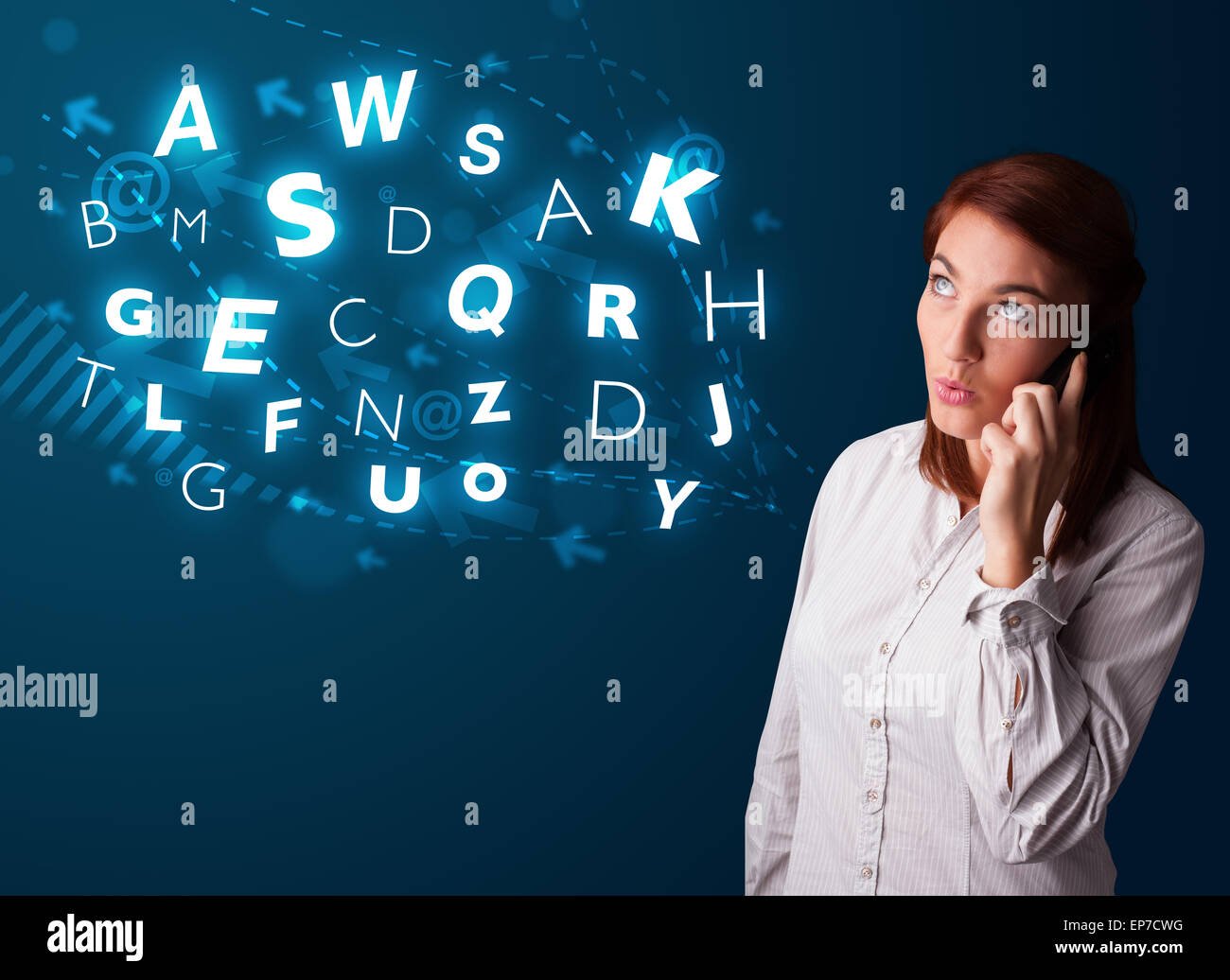 Young lady making phone call with shiny characters Stock Photo - Alamy
