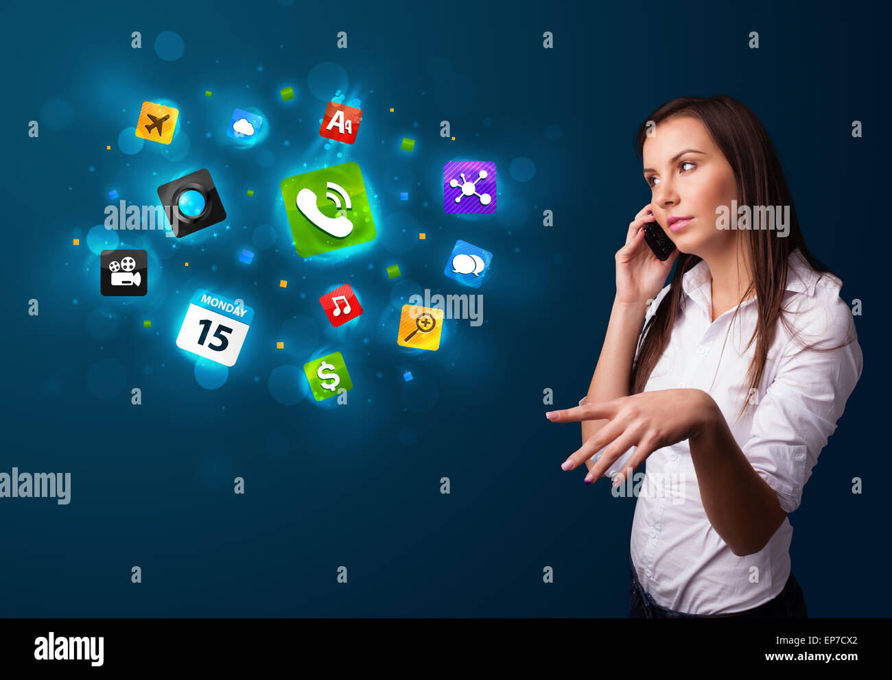 Young woman calling by phone with various icons Stock Photo - Alamy